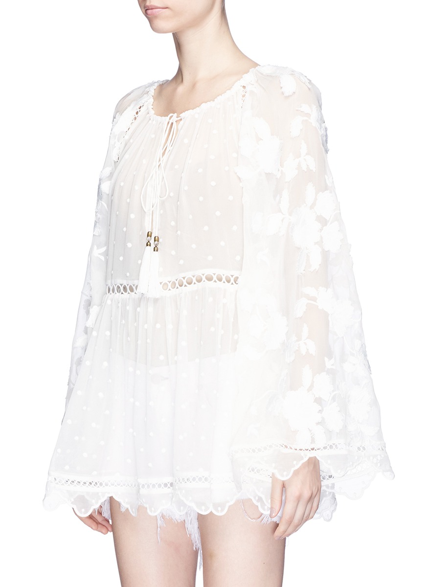 Zimmermann Mercer Bird Floating Silk Georgette Top White Modesens