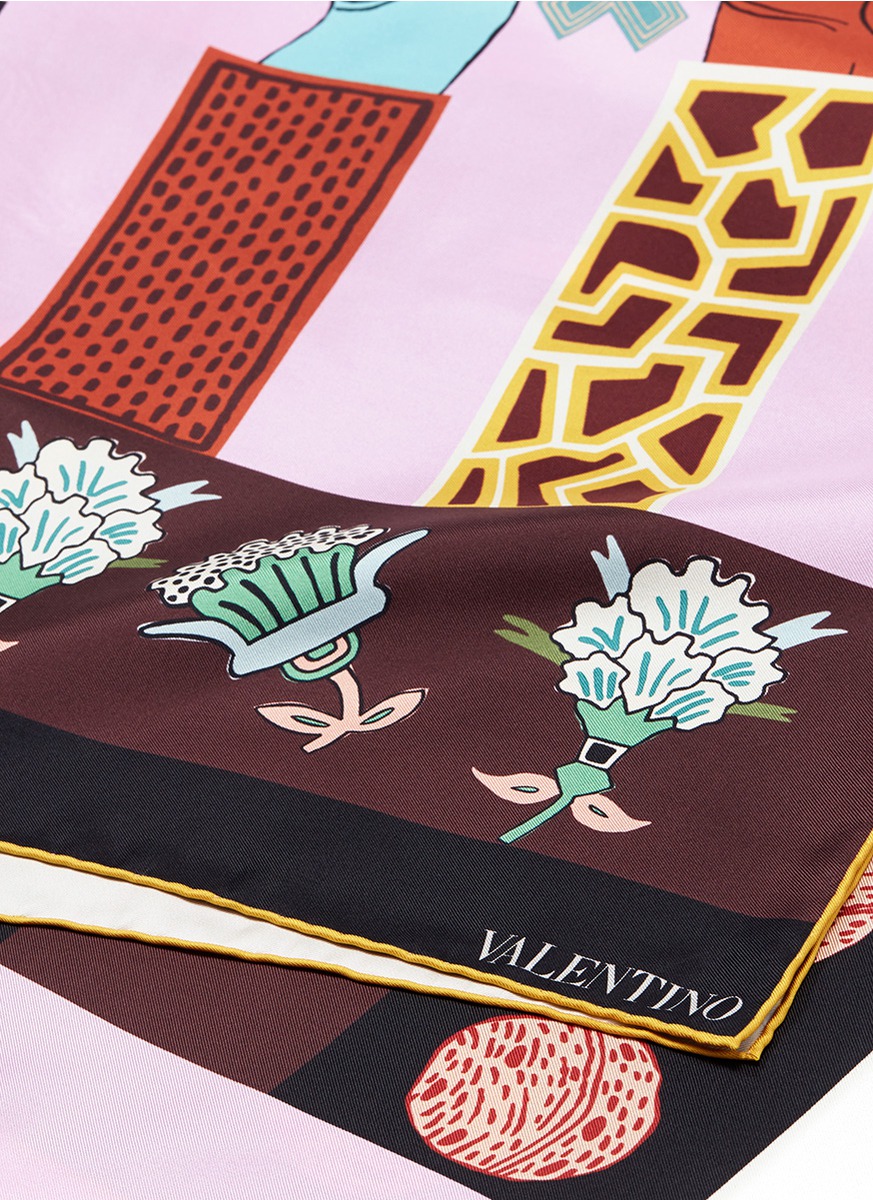 VALENTINO Number Hand Sign Print Silk Twill Scarf in Pink | ModeSens