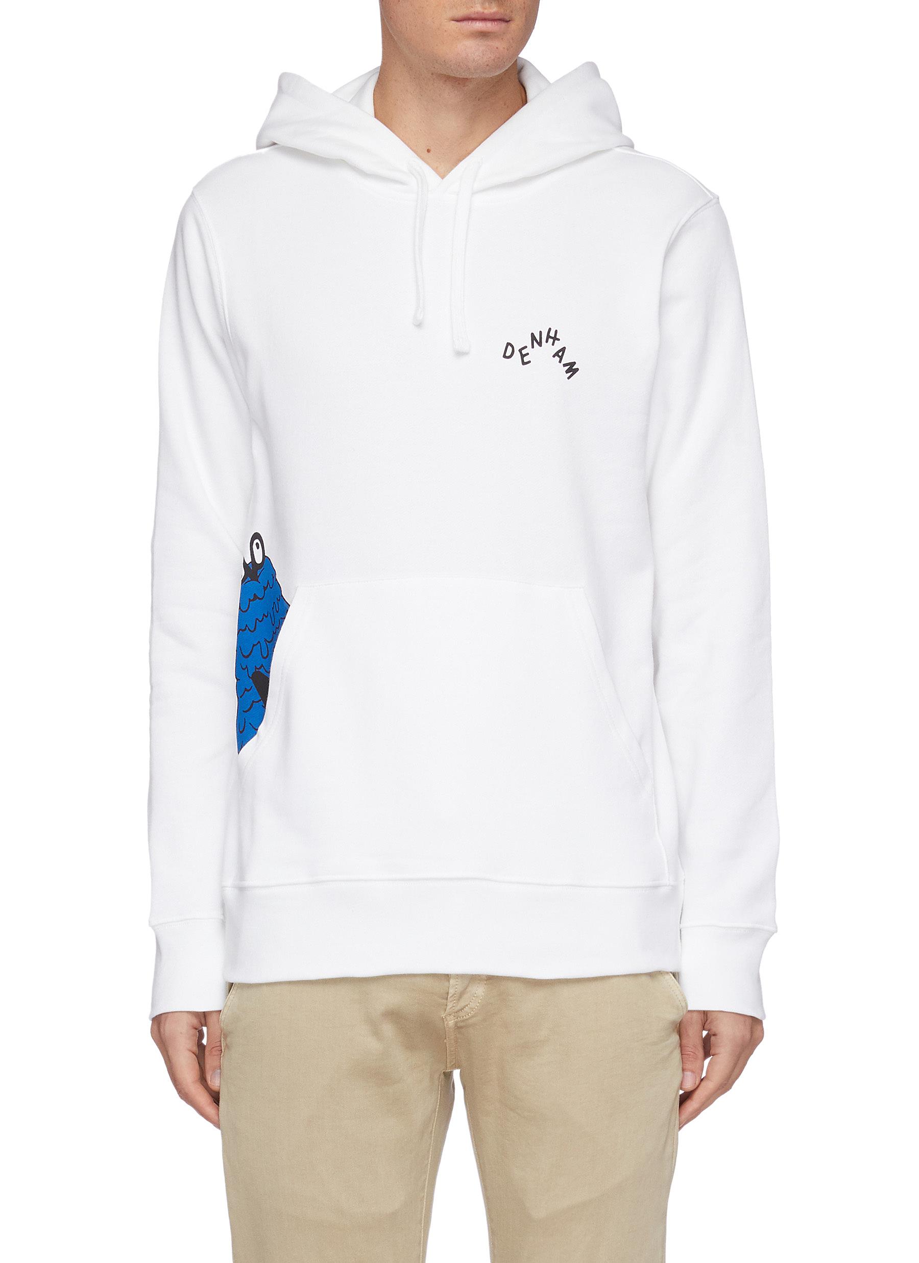 Denham Monster Logo Print Cotton Fleece Hoodie In White | ModeSens
