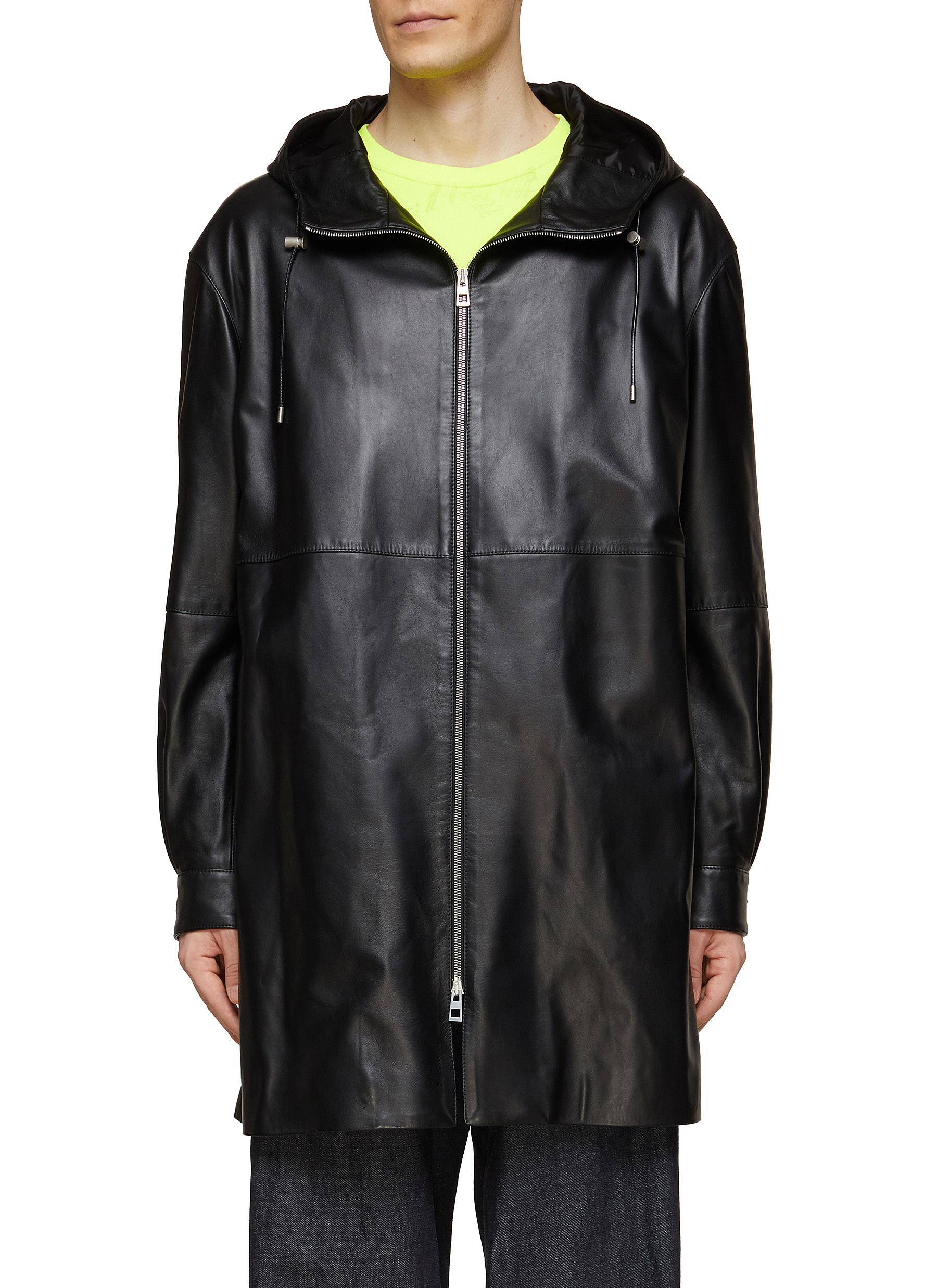Loewe Front Zip Drawstring Hood Long Leather Coat In Black | ModeSens