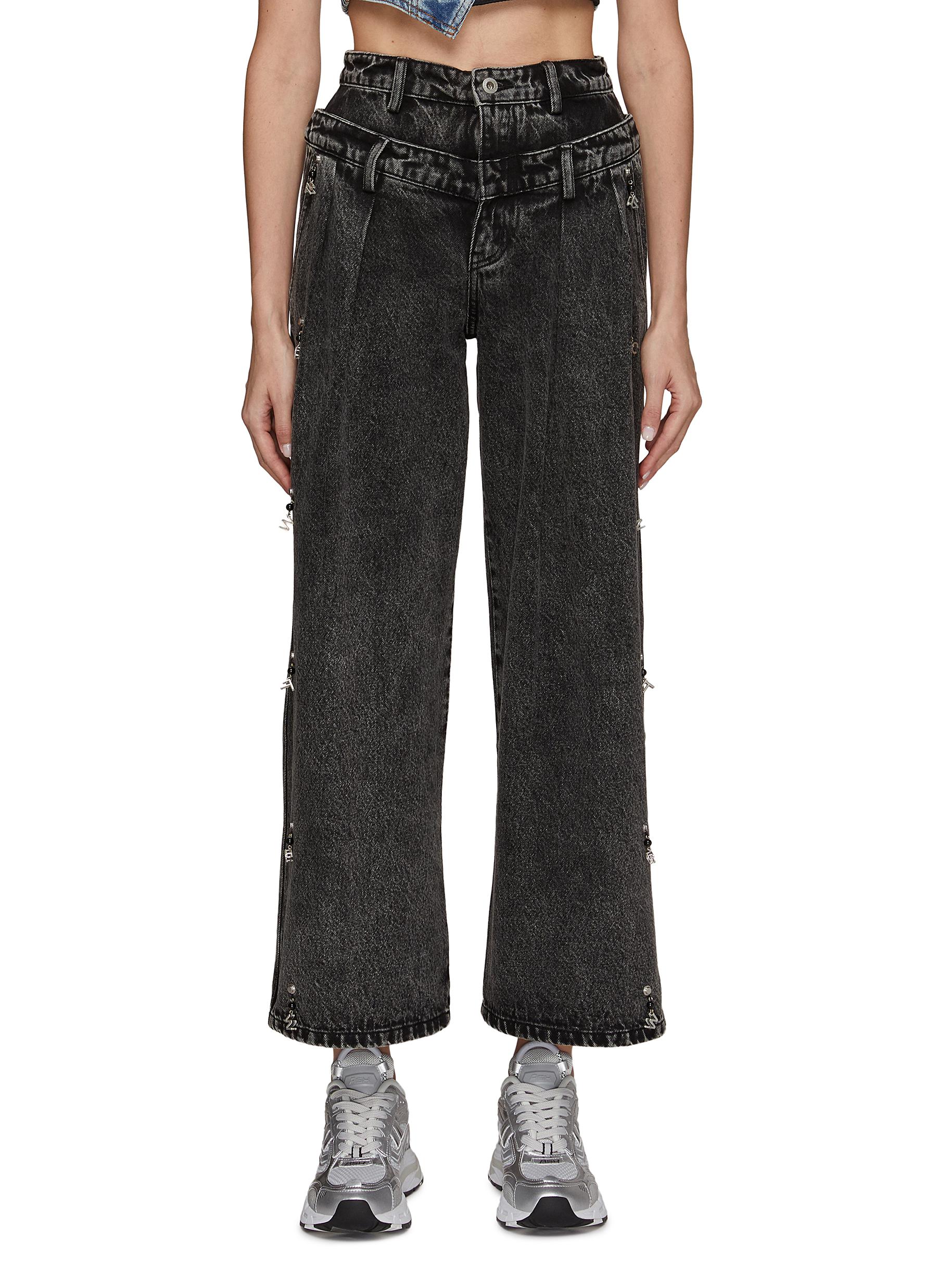 Feng Chen Wang Jade Stone Embellishment Wide Leg Jeans In Black | ModeSens