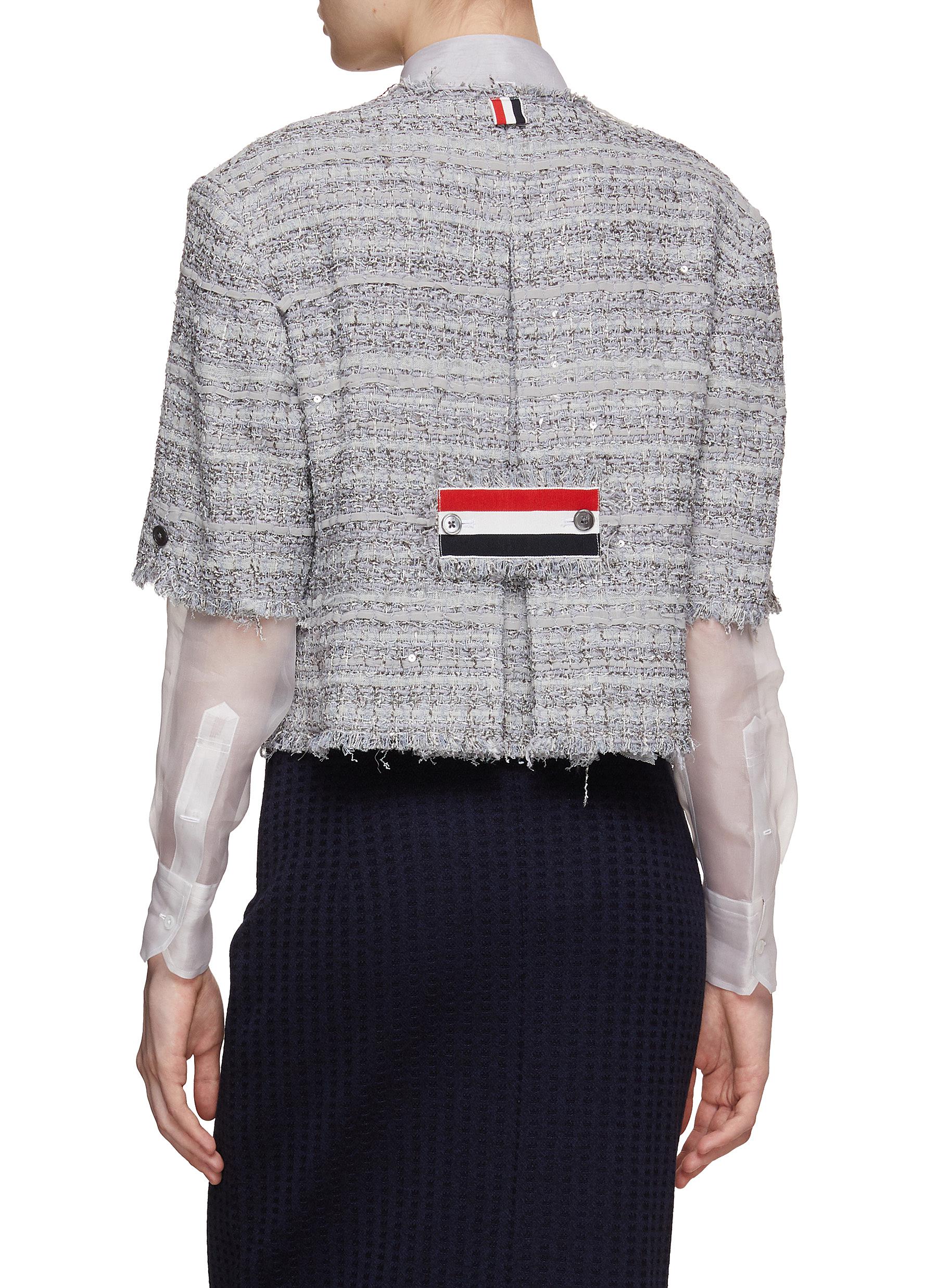 BOX PLEAT FRAYED EDGE TWEED CARDIGAN WITH TULLE SLEEVES