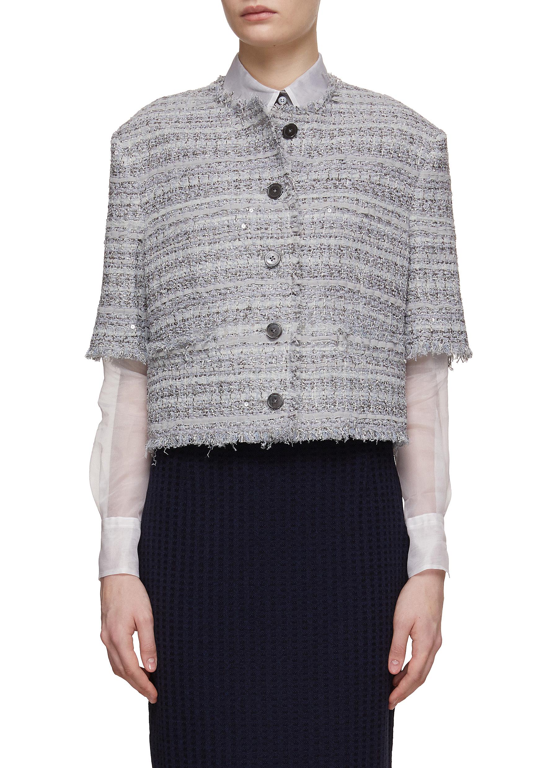 BOX PLEAT FRAYED EDGE TWEED CARDIGAN WITH TULLE SLEEVES