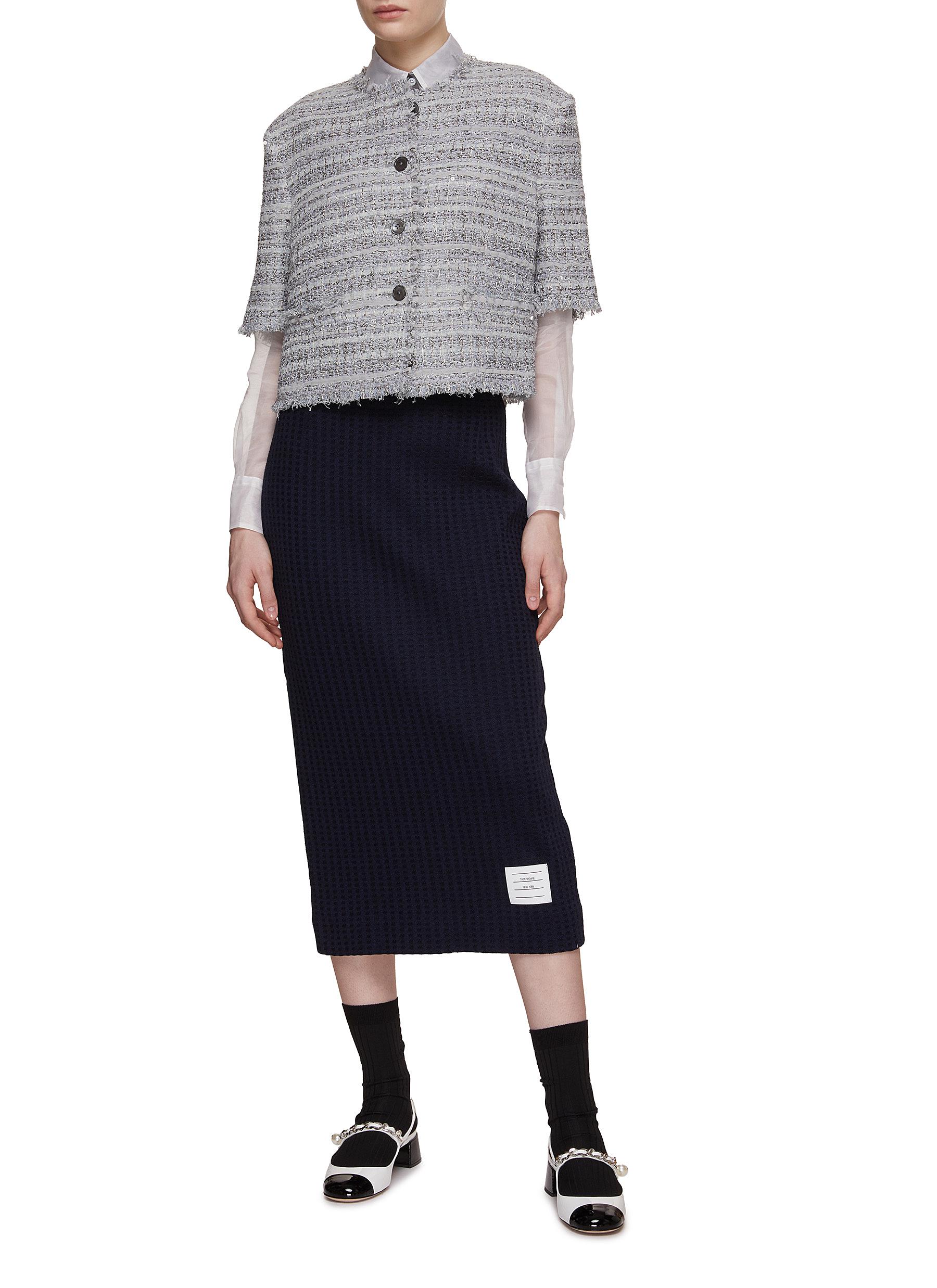 BOX PLEAT FRAYED EDGE TWEED CARDIGAN WITH TULLE SLEEVES