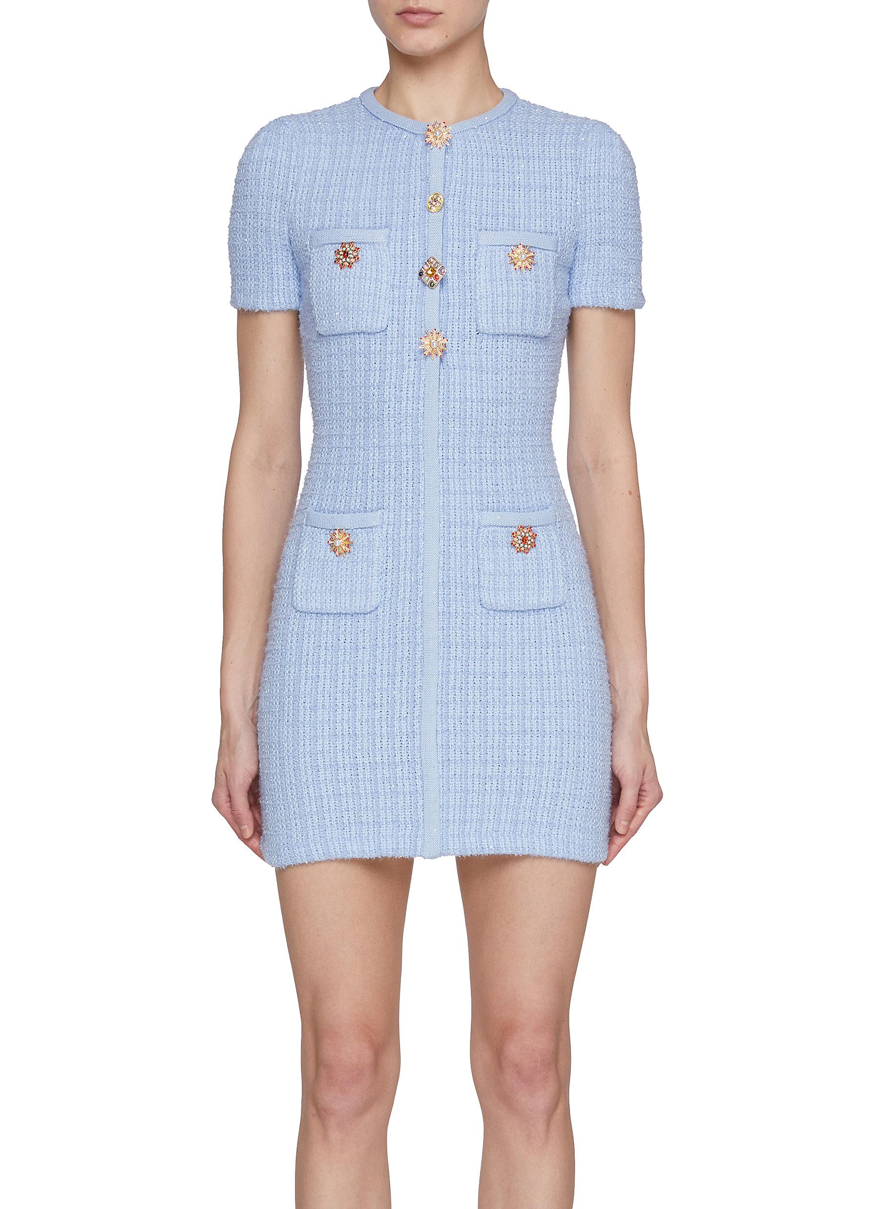 EMBELLISHED BUTTON KNIT MINI DRESS