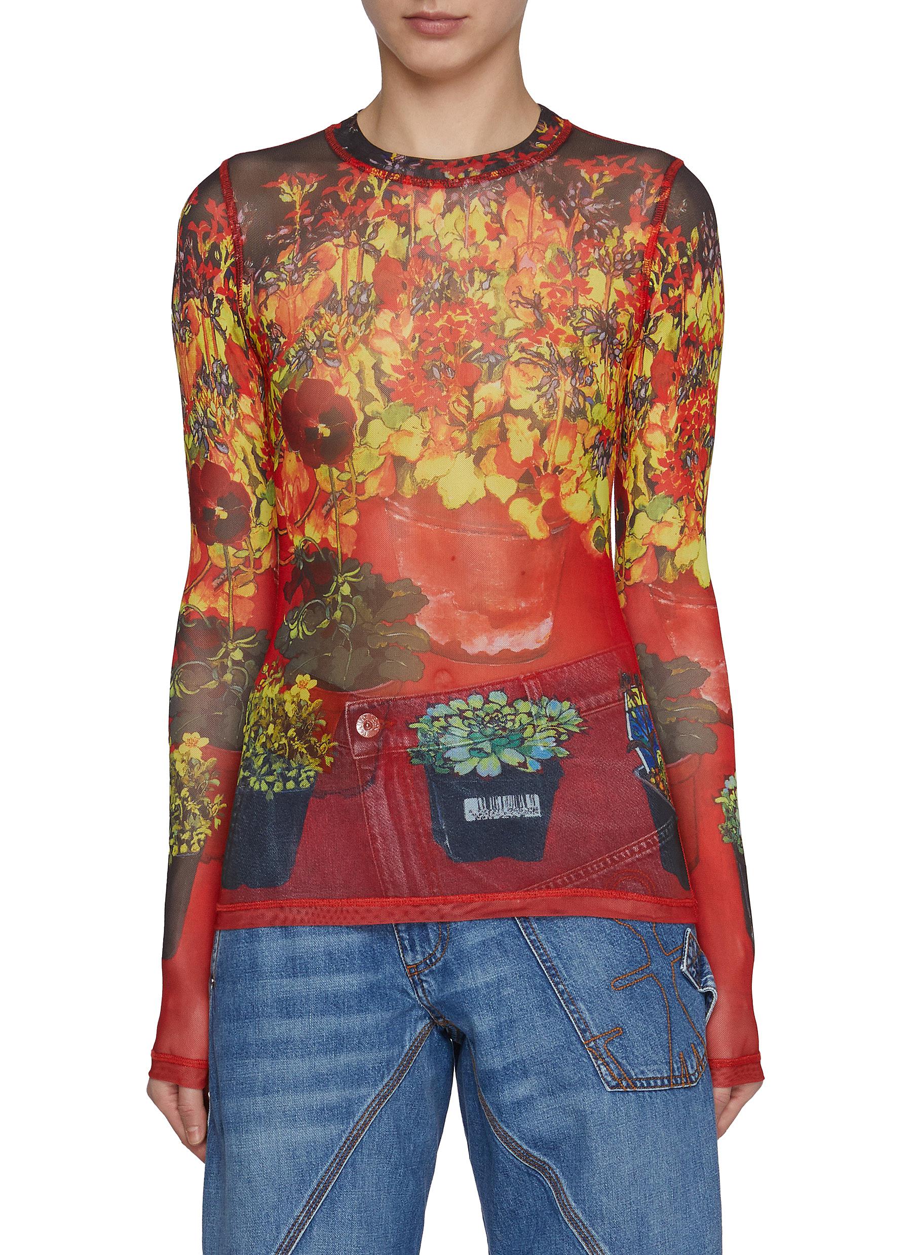 FLORAL PRINT MESH CREWNECK TOP